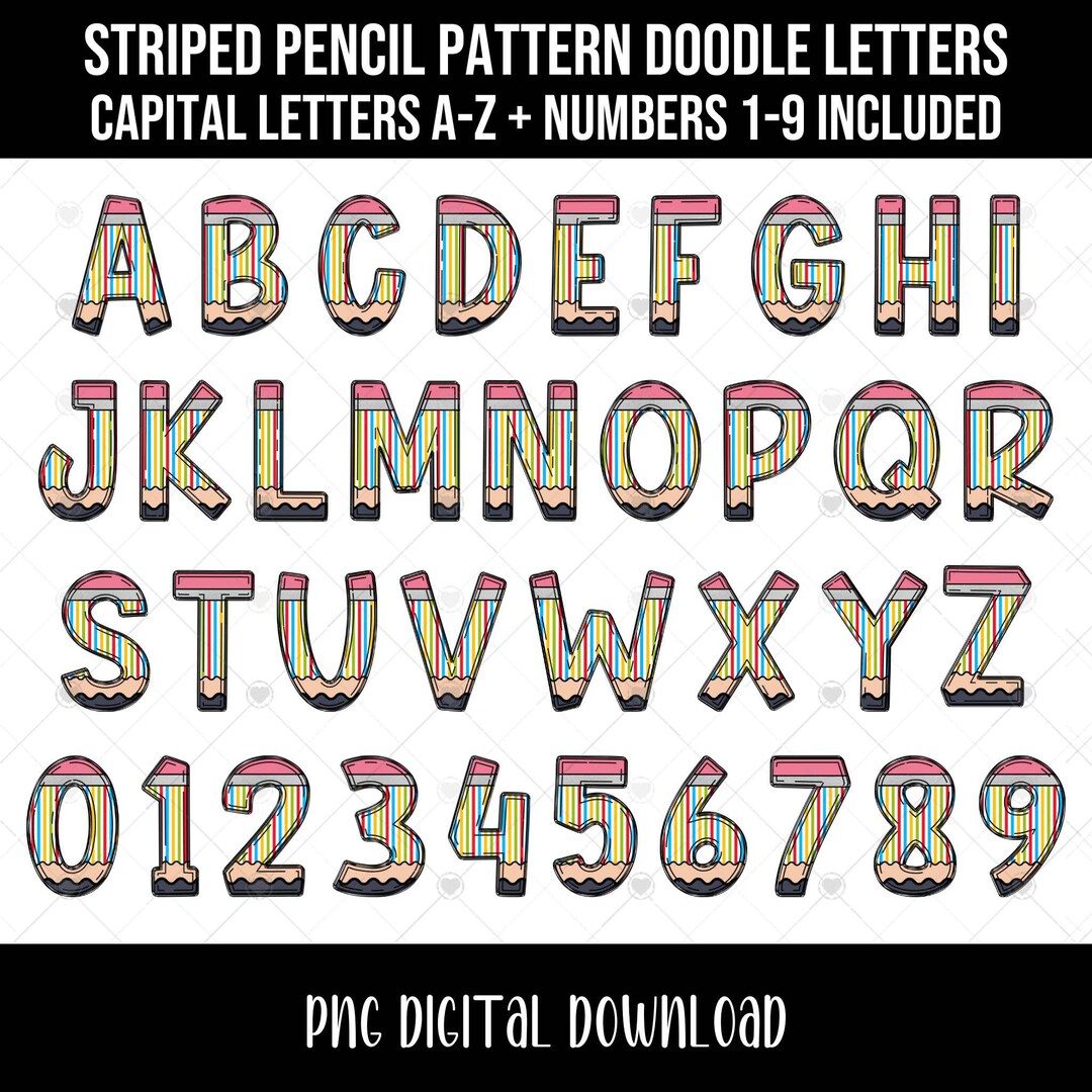 Teacher Back to School Doodle Letter PNG Bundle, Striped Pencil Doodle ...