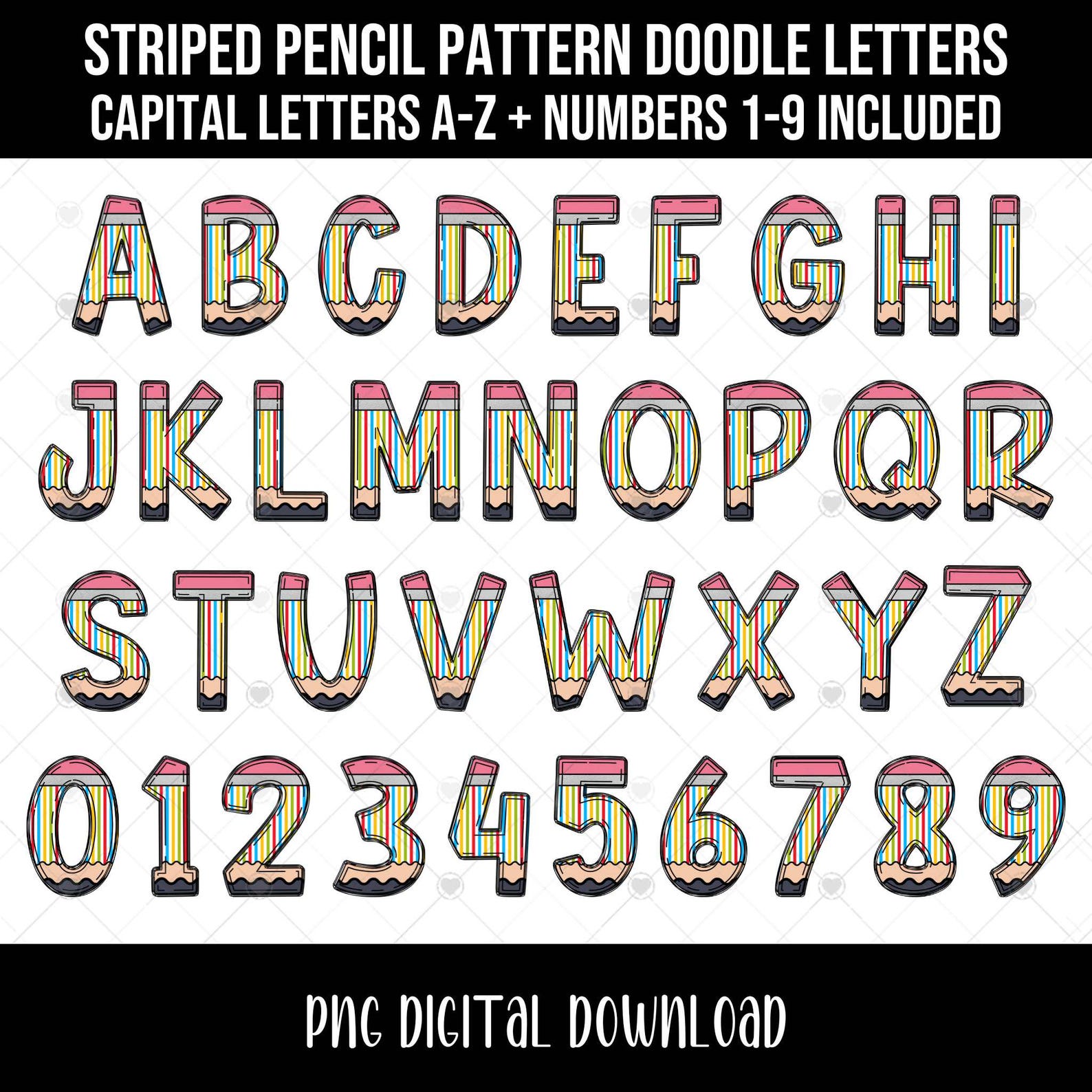 Striped Pencil Doodle Alphabet & Numbers PNG Bundle, Teacher Back to ...