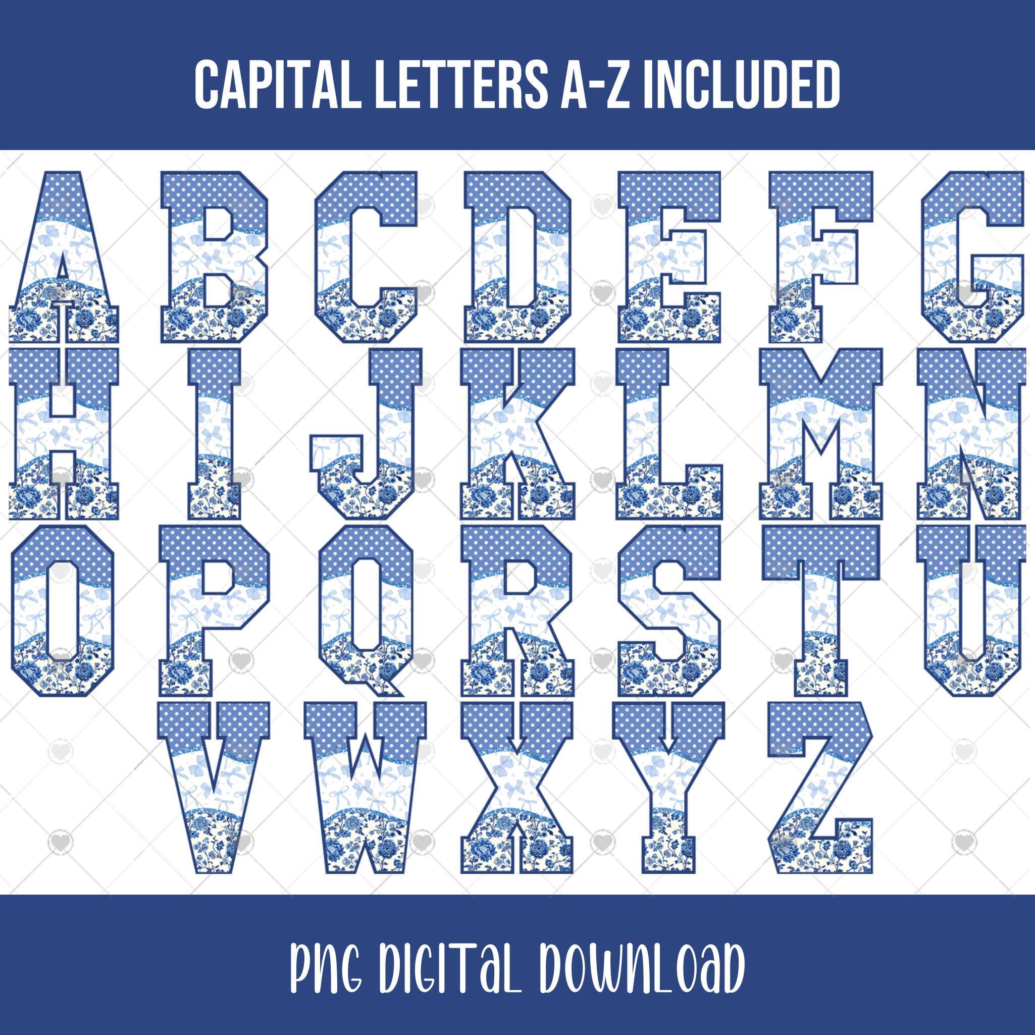 Blue Patterns Varsity Letters PNG Bundle, Dots Bows and Toile ...