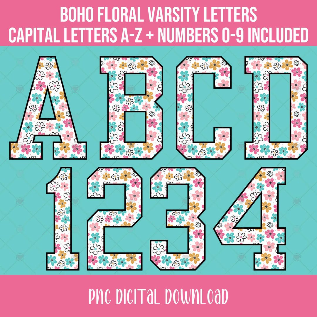 Boho Flower Varsity Letters, University Sports Letters Retro Floral ...