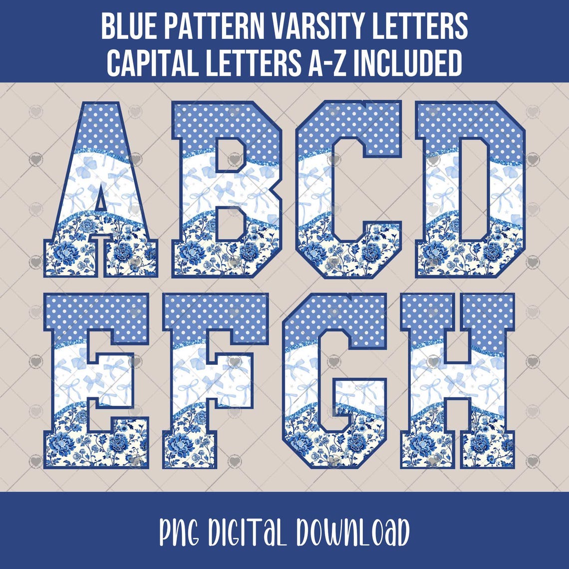 Blue Patterns Varsity Letters PNG Bundle, Dots Bows and Toile ...