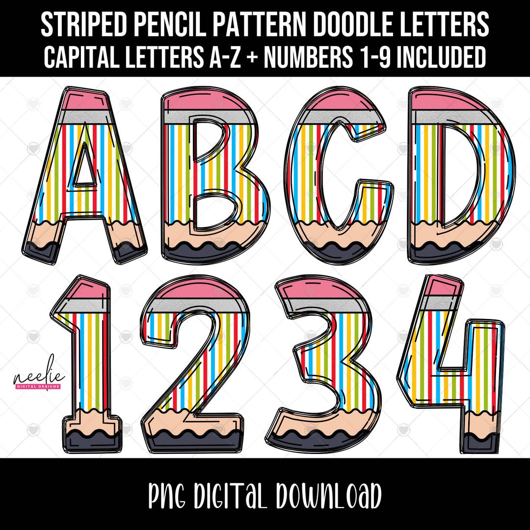 Striped Pencil Doodle Alphabet & Numbers PNG Bundle, Teacher Back to ...