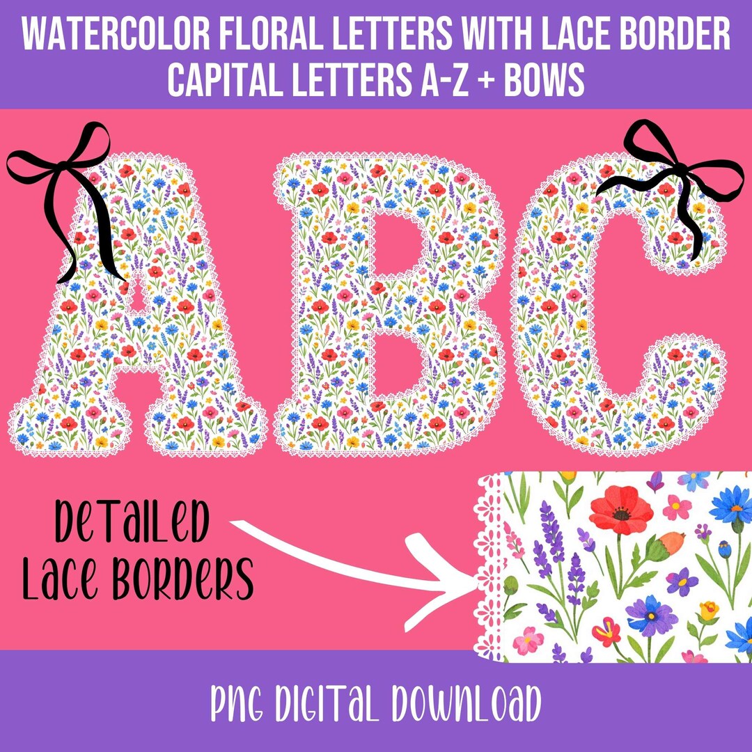 Watercolor Floral Alphabet Letters With Lace Border (digital Download ...
