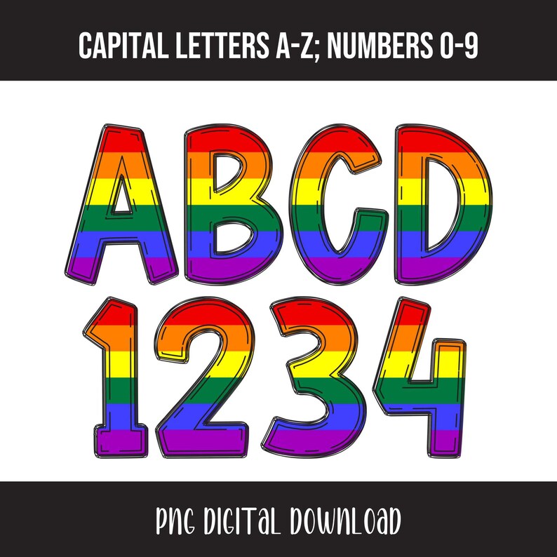Rainbow Stripe Doodle Letters Pride Alphabet and Number Bundle, PNG ...