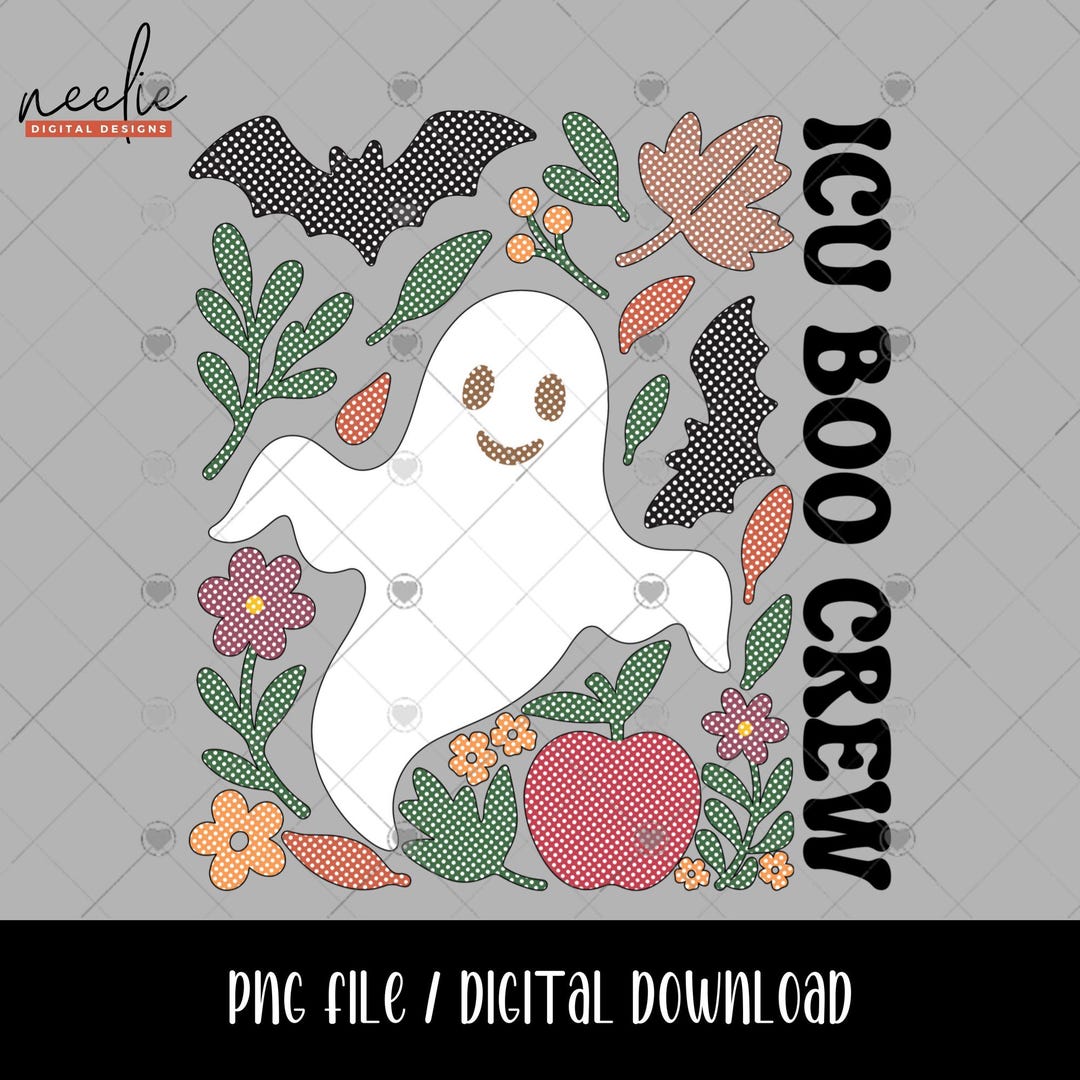 ICU Boo Crew PNG File, Halloween Polka Dot Ghost and Flowers Clipart ...