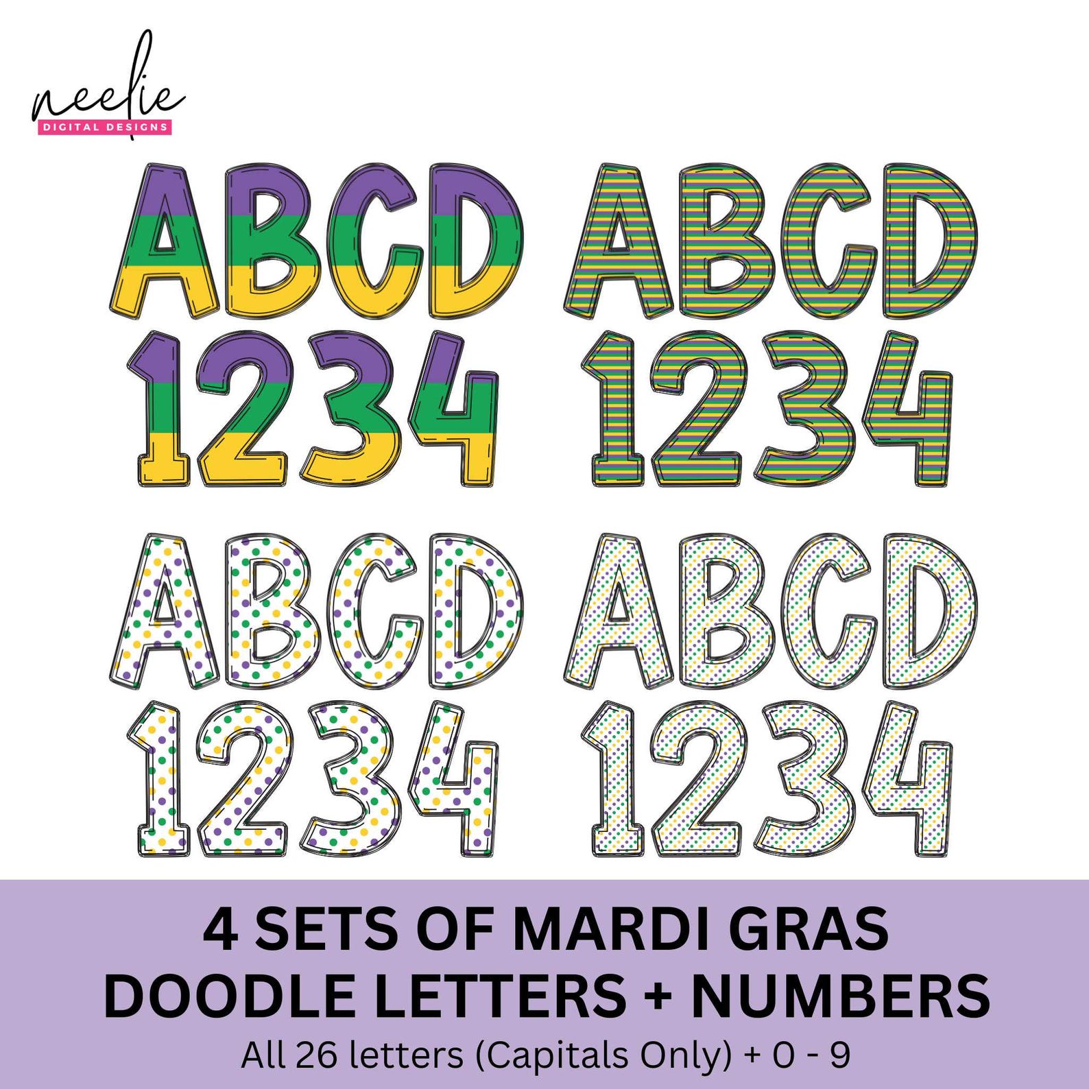Mardi Gras Doodle Letters Bundle, Stripes and Dots Patterned Doodle ...