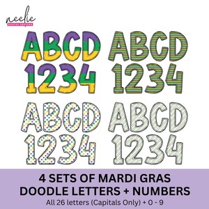 Mardi Gras Doodle Letters Bundle, Stripes and Dots Patterned Doodle ...