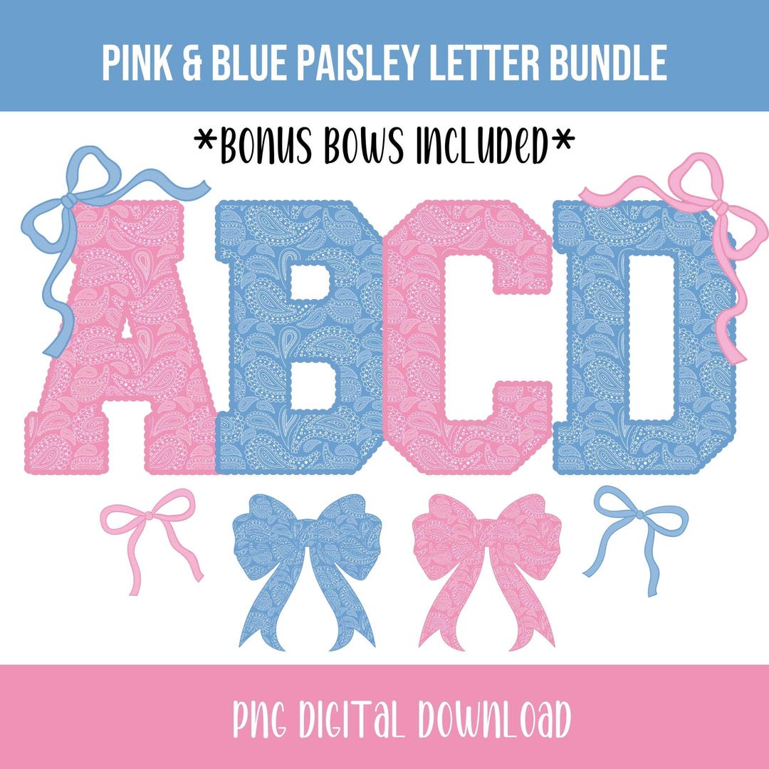 Pink and Blue Alphabet Bundle, Paisley Pattern All Caps Varsity Letters ...