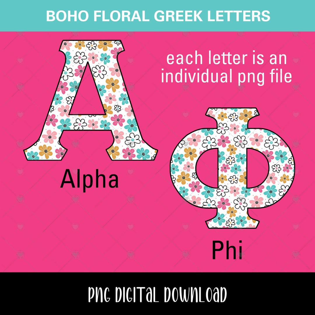 Greek Letters Alphabet PNG Bundle, Trendy Boho Floral College Sorority ...