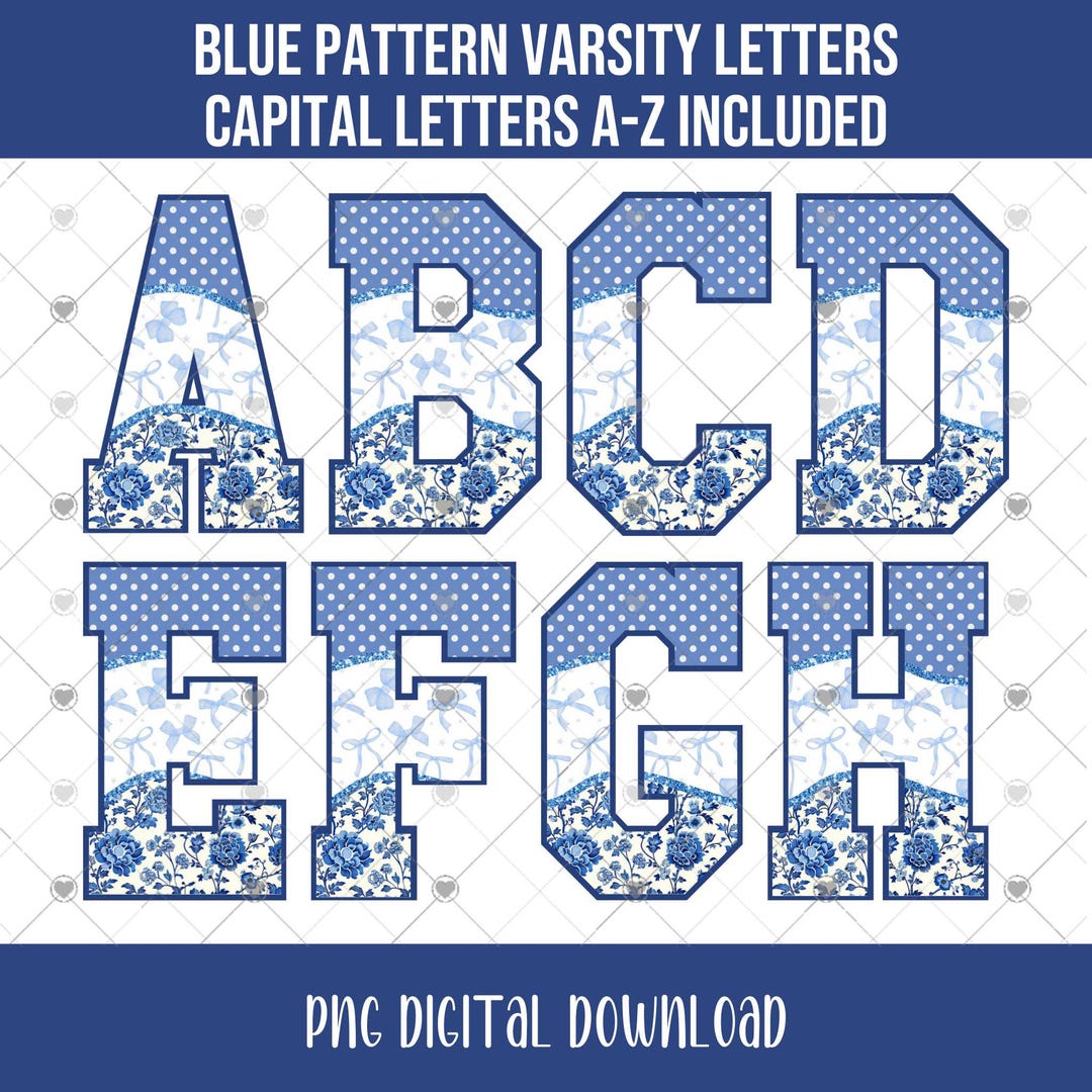 Blue Patterns Varsity Letters PNG Bundle, Dots Bows and Toile ...