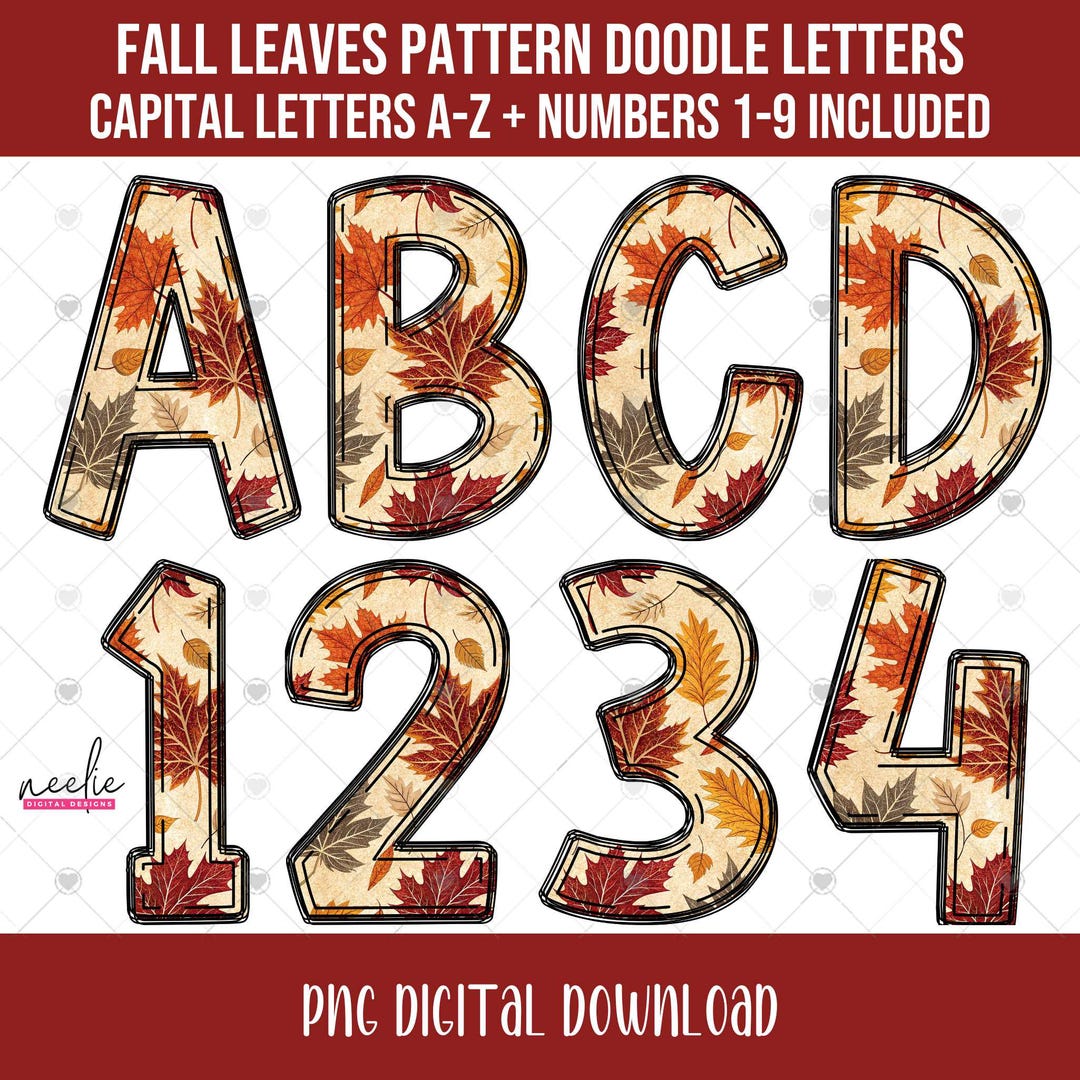 Fall Leaves Doodle Alphabet & Numbers PNG Bundle, Watercolor Autumn ...