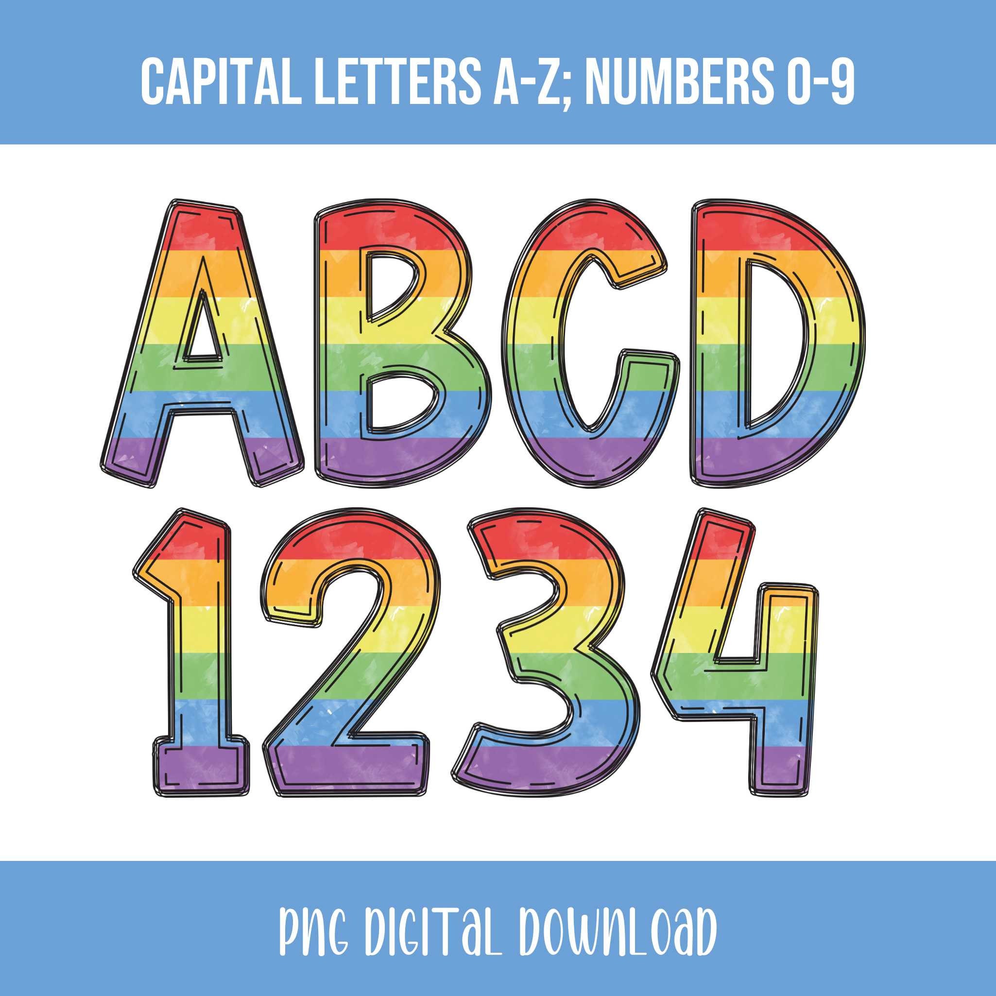 Rainbow Stripe Doodle Letters Watercolor Pride Alphabet and Number ...