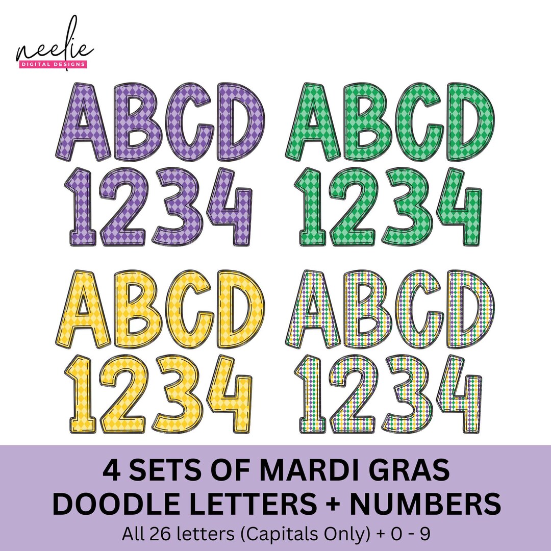 Mardi Gras Doodle Letters Bundle, Diamond Patterned Doodle Letters ...