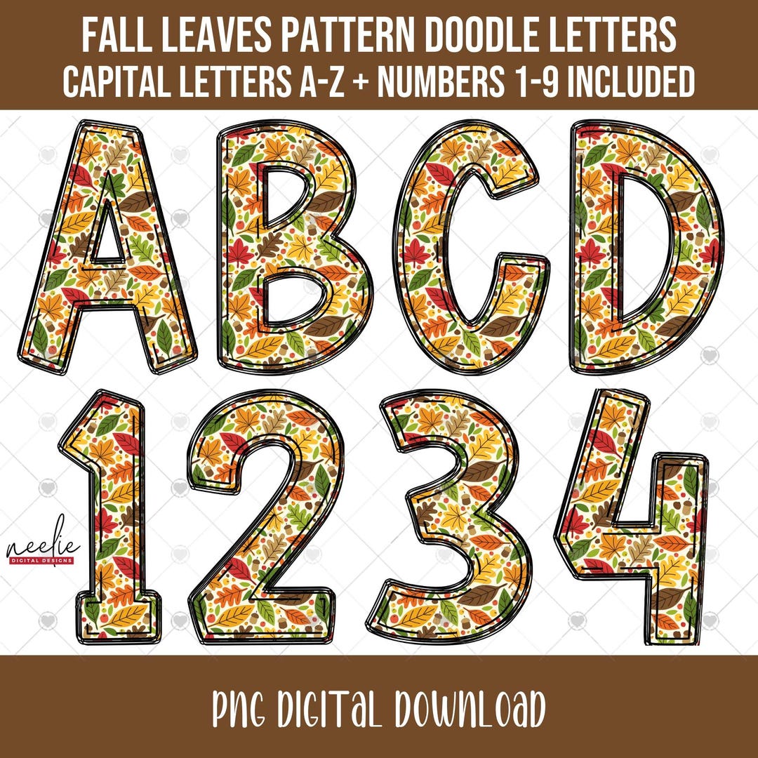 Fall Leaves Doodle Alphabet & Numbers PNG Bundle, Watercolor Autumn ...