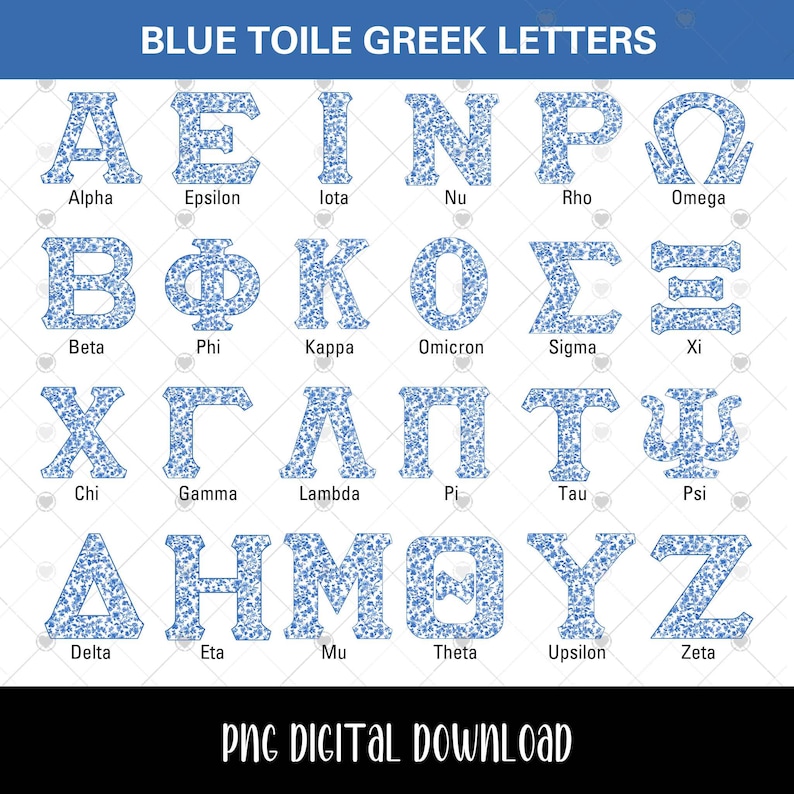 Trendy Blue Toile Greek Letters Alphabet PNG Bundle, Blue Floral ...