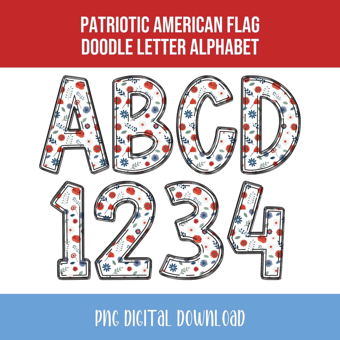 Floral Doodle Letters Red White and Blue 4th of July Colors, Doodle ...