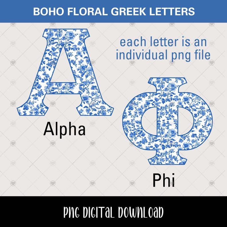 Trendy Blue Toile Greek Letters Alphabet PNG Bundle, Blue Floral ...