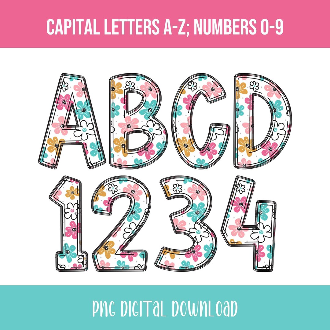 Boho Flower Doodle Letters, Doodle Letters Retro Floral Alphabet and ...