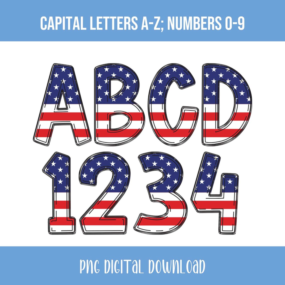 American Flag Doodle Letters Alphabet and Number Bundle, July 4th ...