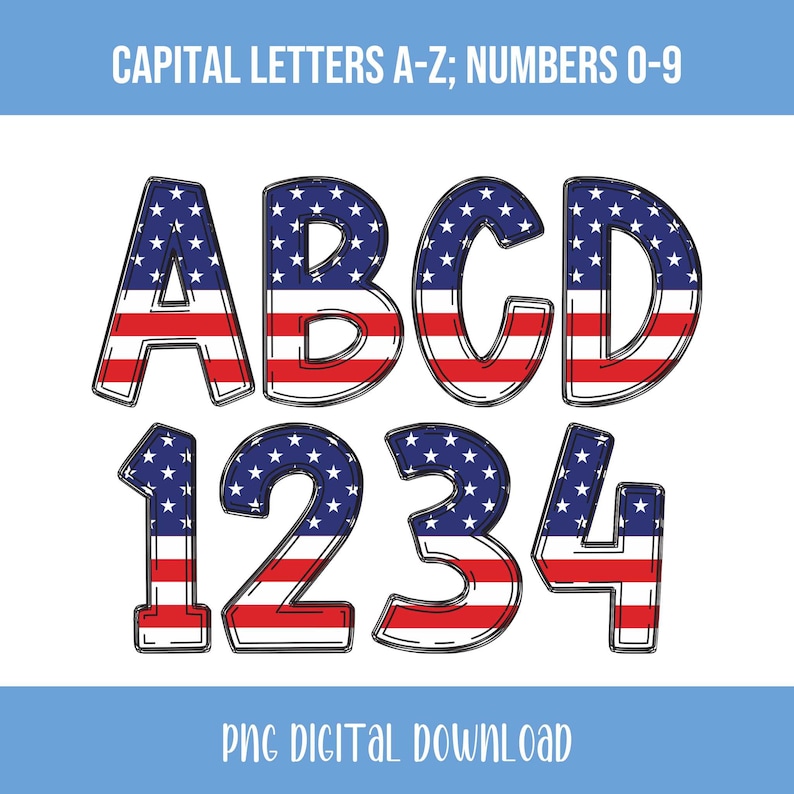 American Flag Doodle Letters Alphabet and Number Bundle, July 4th ...