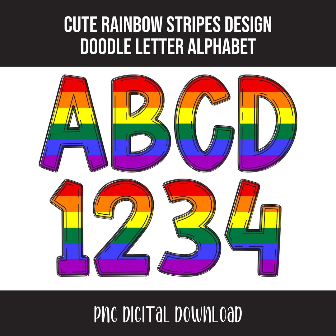 Rainbow Stripe Doodle Letters Pride Alphabet and Number Bundle, PNG ...