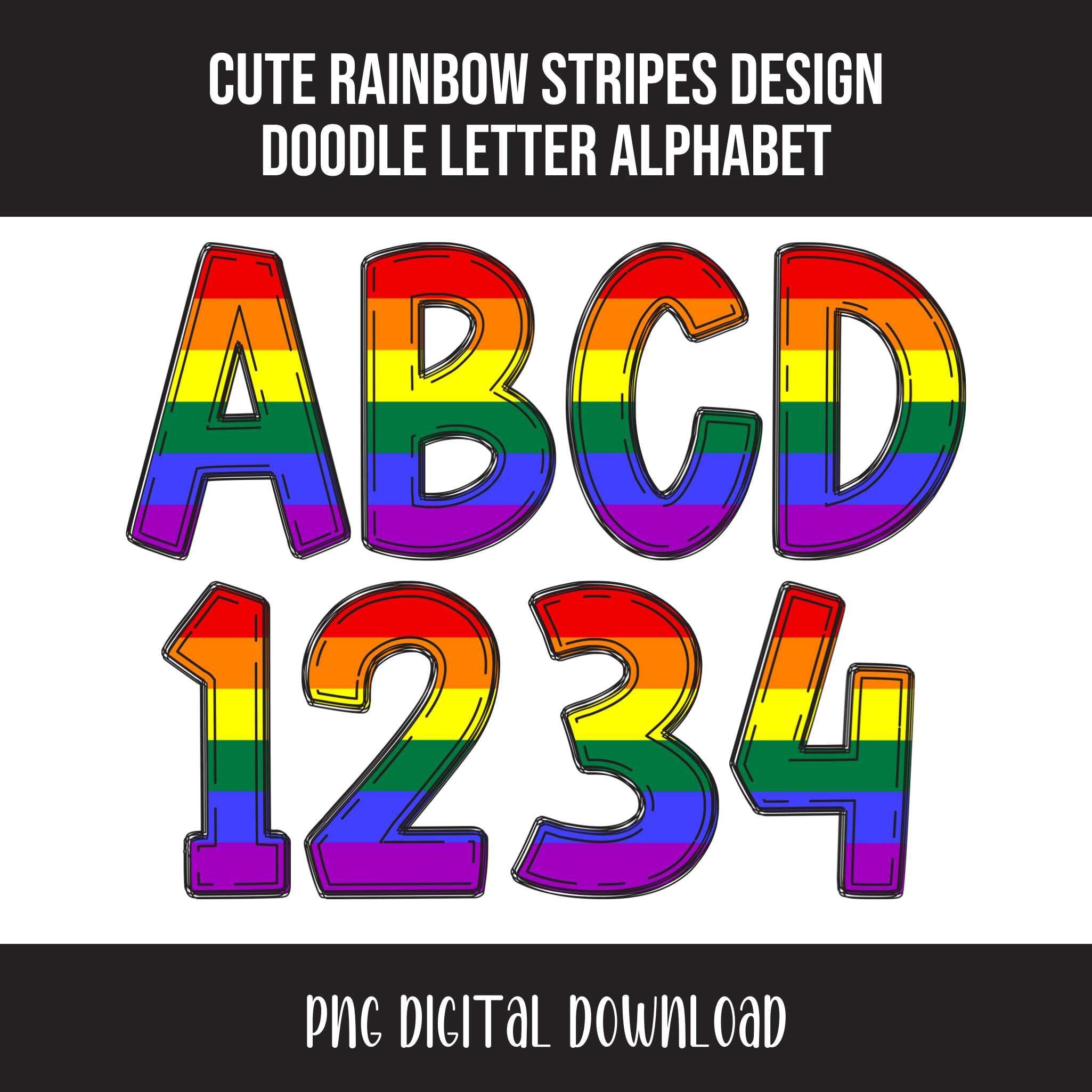 Rainbow Stripe Doodle Letters Pride Alphabet and Number Bundle, PNG ...