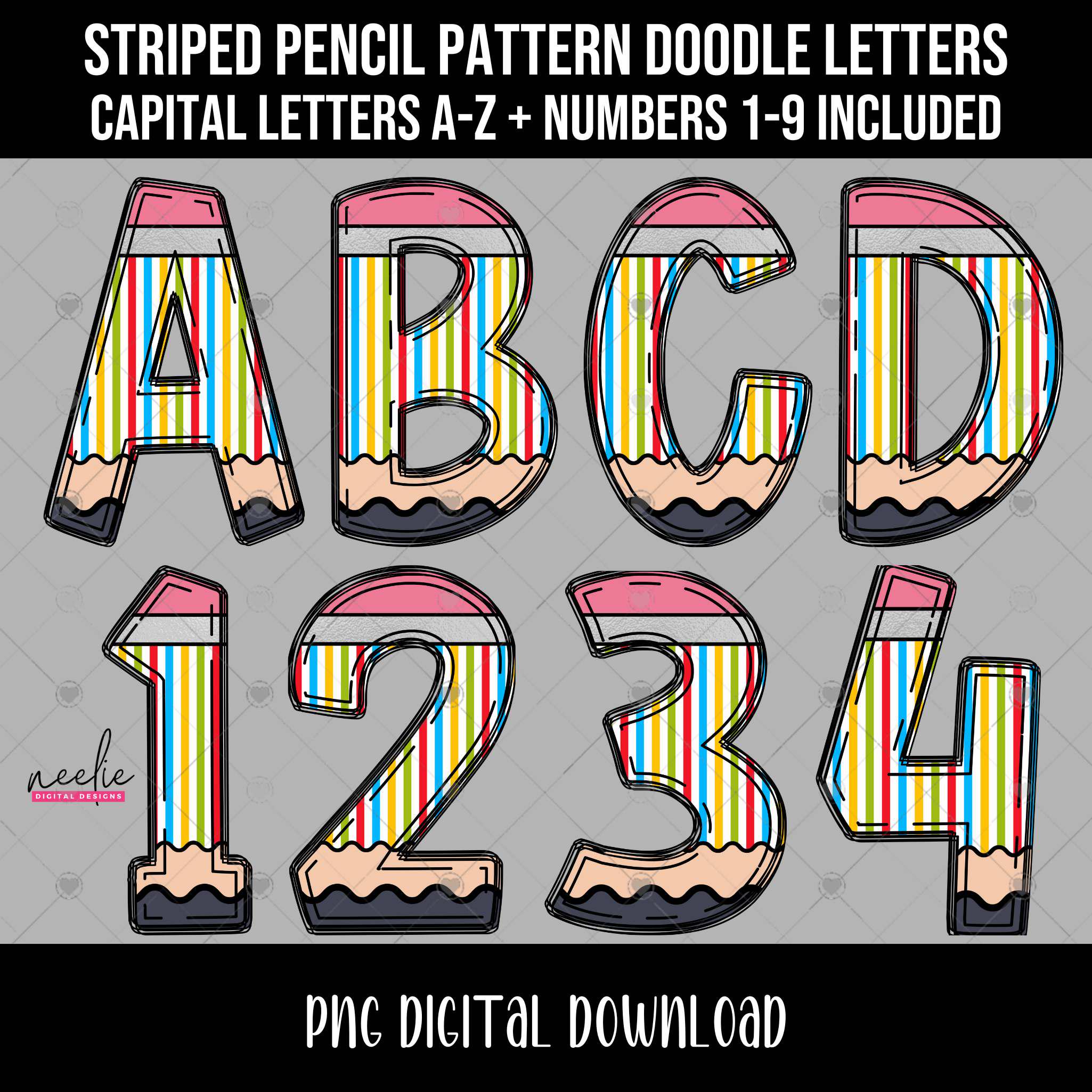 Striped Pencil Doodle Alphabet & Numbers PNG Bundle, Teacher Back to ...