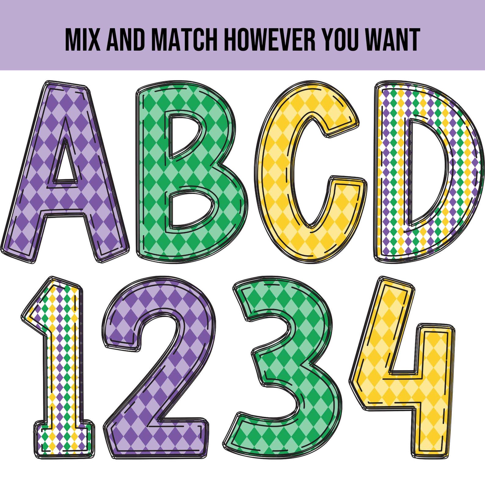 Mardi Gras Doodle Letters Bundle, Diamond Patterned Doodle Letters ...