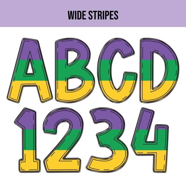 Mardi Gras Doodle Letters Bundle, Stripes and Dots Patterned Doodle ...