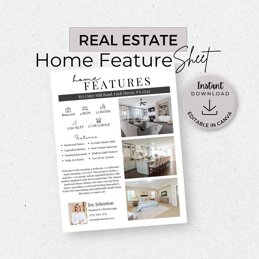 Real Estate Home Feature Sheet, INSTANT DOWNLOAD, Canva Template, House ...