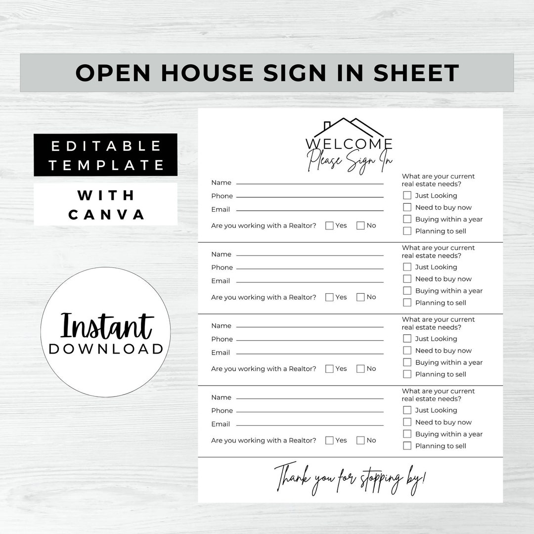 Open House Sign in Sheet, INSTANT DOWNLOAD, Editable Canva Template ...