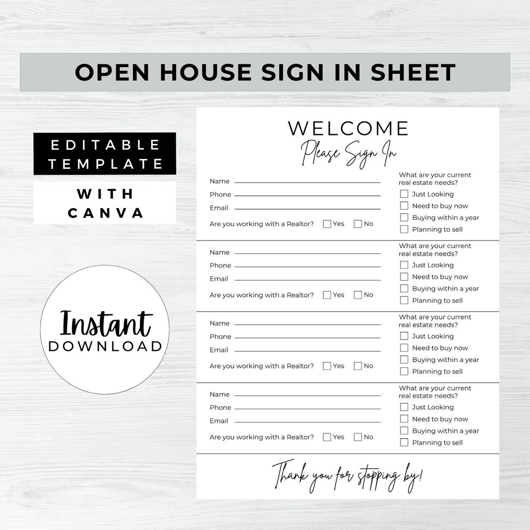 Open House Sign in Sheet, INSTANT DOWNLOAD, Editable Canva Template ...