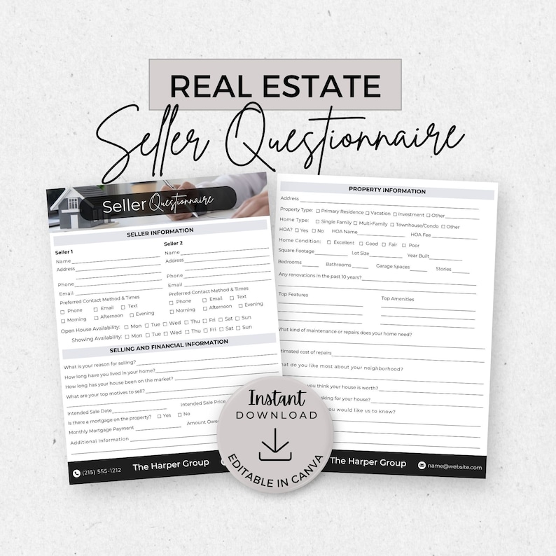 Real Estate Seller Questionnaire, INSTANT DOWNLOAD, Editable Canva ...