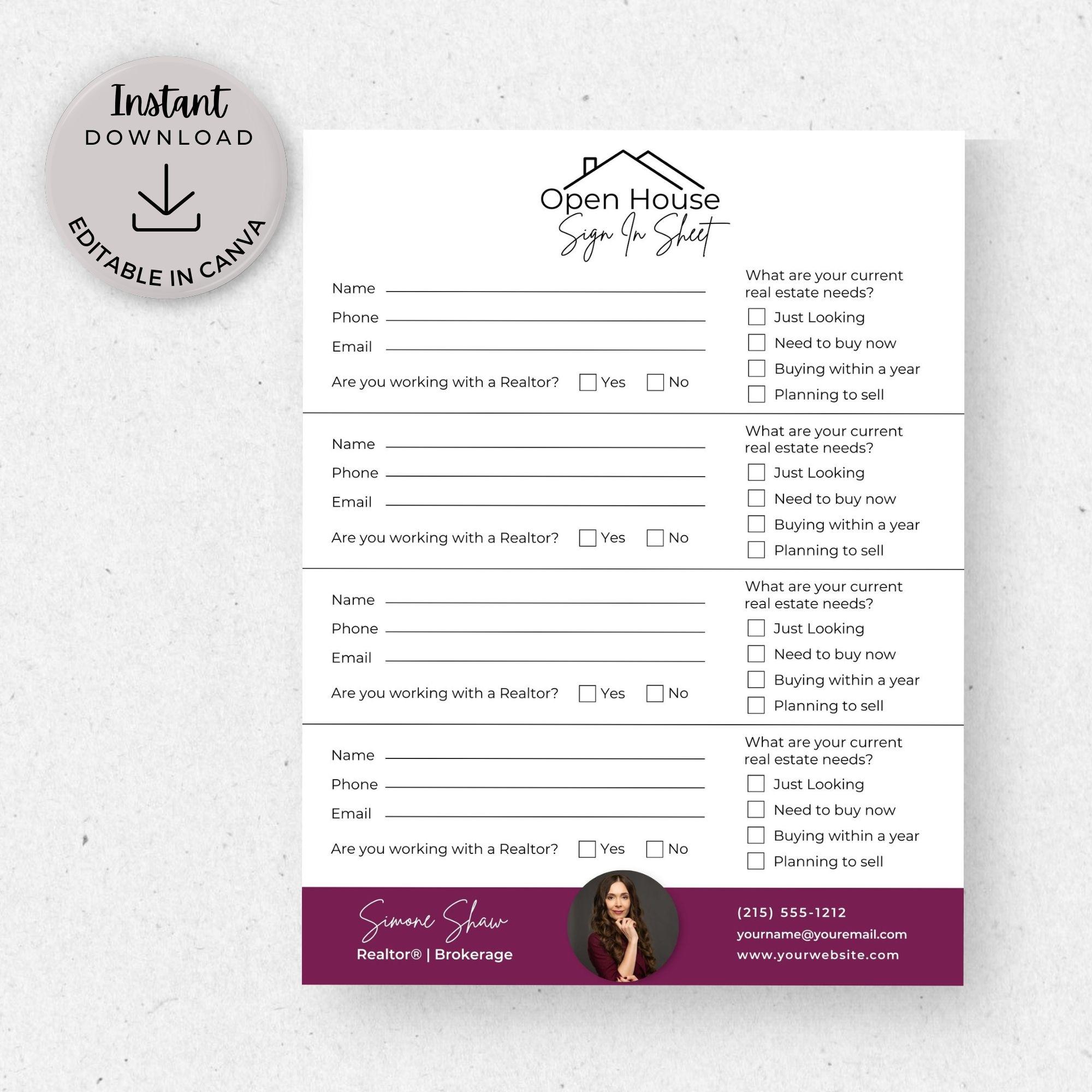 Open House Sign in Sheet, INSTANT DOWNLOAD, Editable Canva Template ...