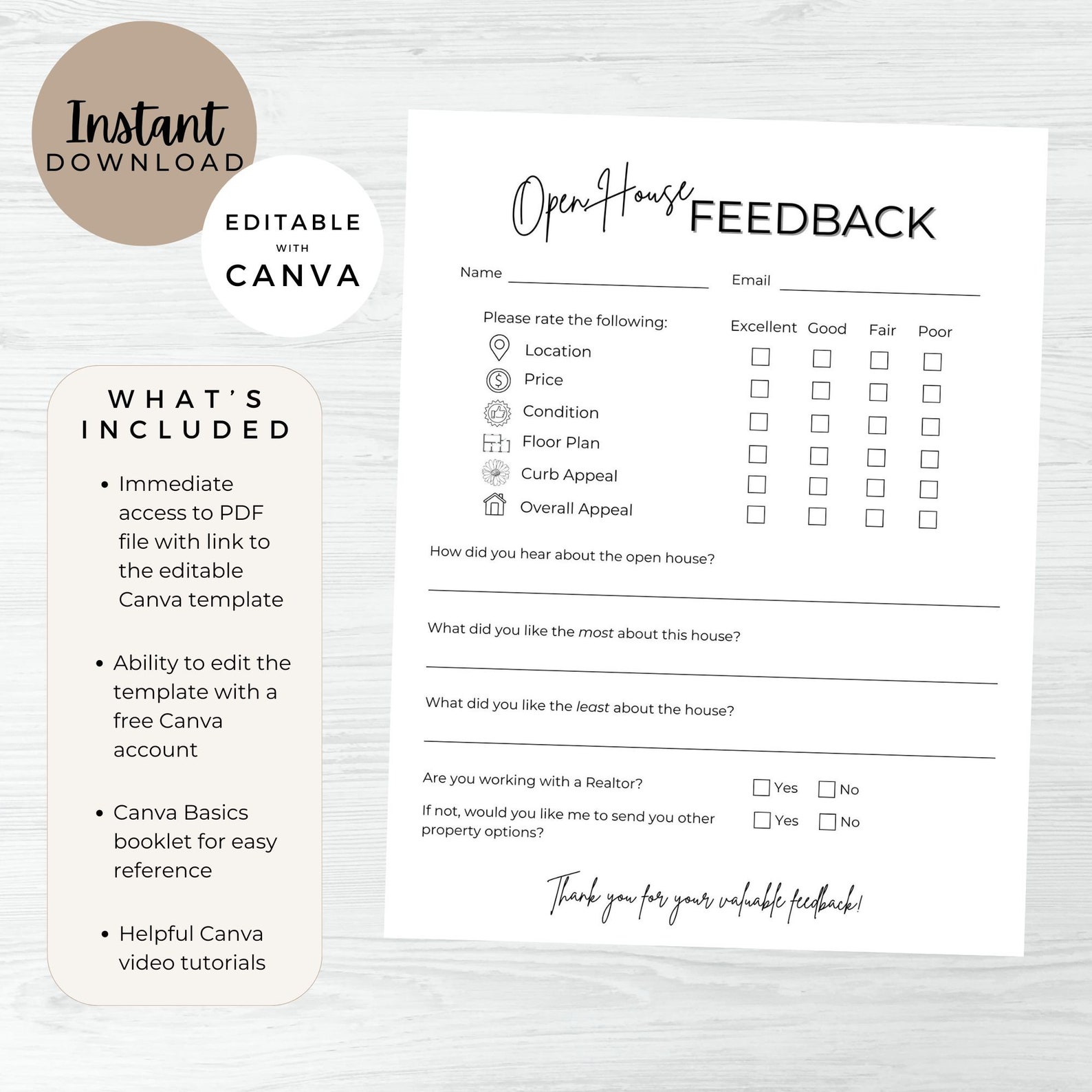 Open House Feedback Form, INSTANT DOWNLOAD, Editable Canva Template ...