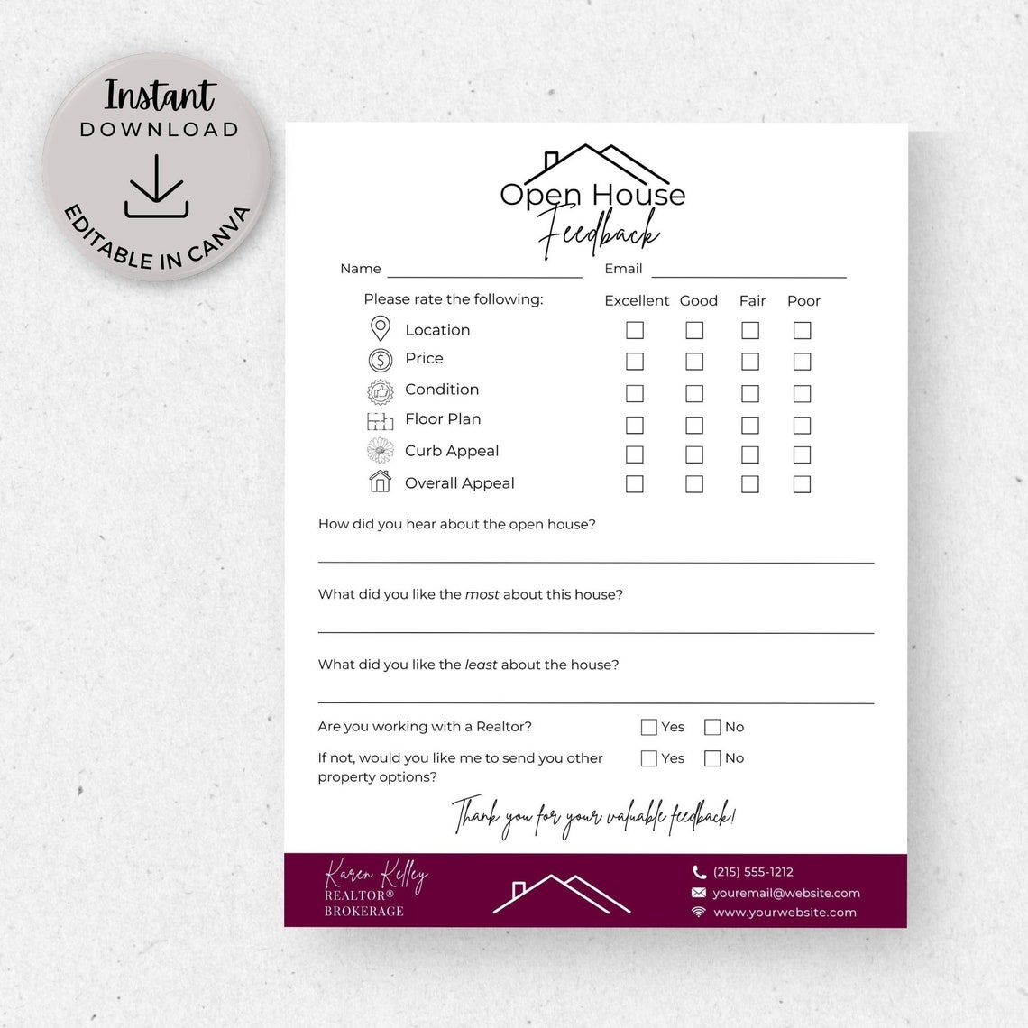 Open House Feedback Form, INSTANT DOWNLOAD, Editable Canva Template ...