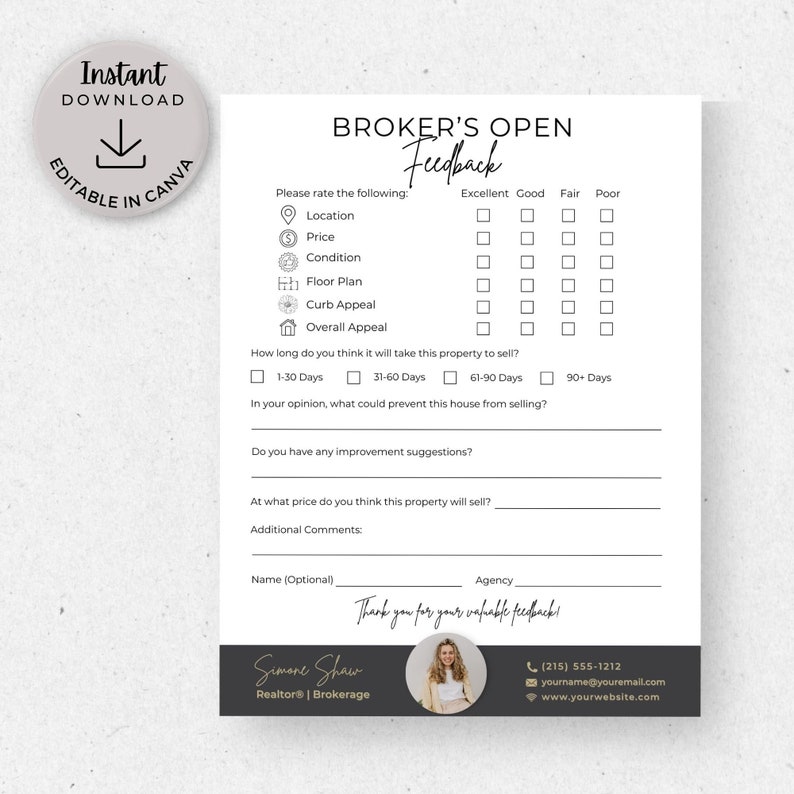 Broker’s Open Feedback Form, INSTANT DOWNLOAD, Feedback Form, Canva Real Estate Template ...