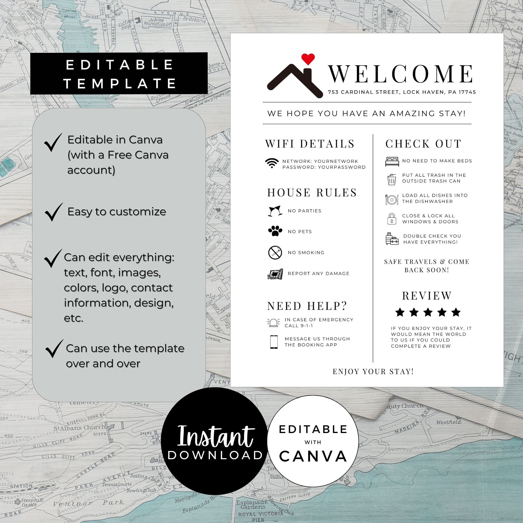 Airbnb Host Welcome Sign, INSTANT DOWNLOAD, Editable Canva Template ...