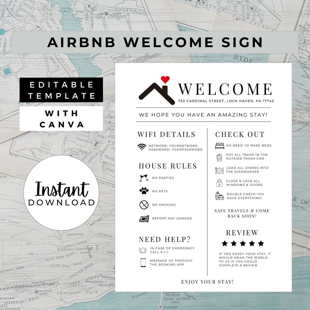 Airbnb Host Welcome Sign, INSTANT DOWNLOAD, Editable Canva Template ...