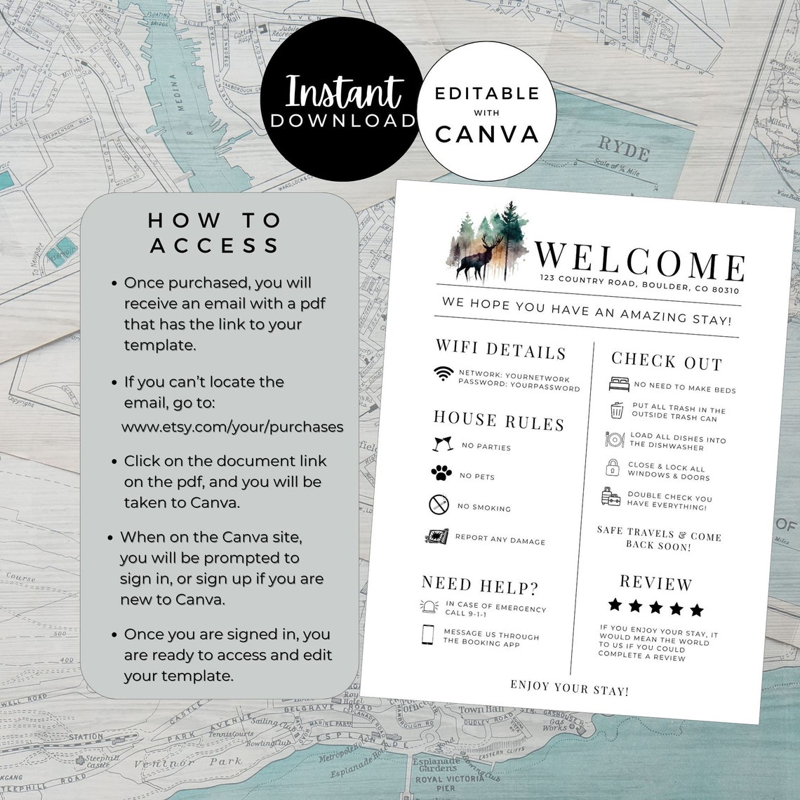 Airbnb Host Welcome Sign, INSTANT DOWNLOAD, Editable Canva Template ...