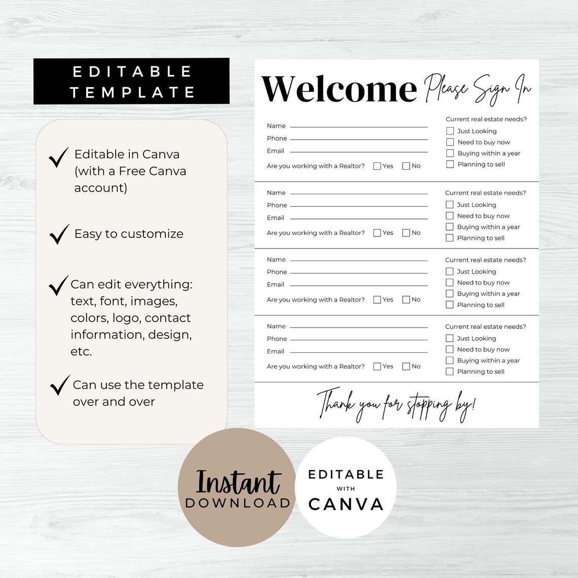 Open House Sign in Sheet, INSTANT DOWNLOAD, Editable Canva Template ...
