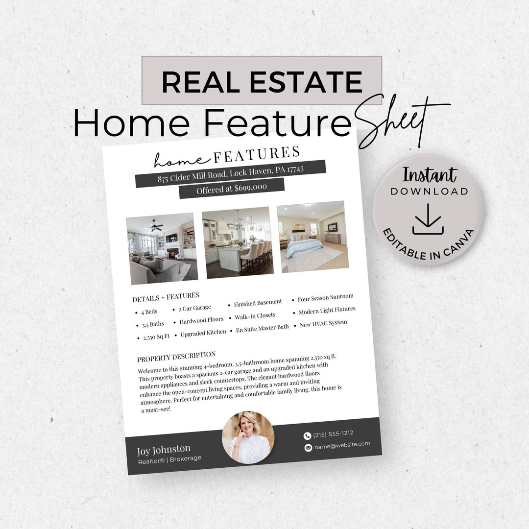 Real Estate Home Feature Sheet, INSTANT DOWNLOAD, Canva Template, House ...