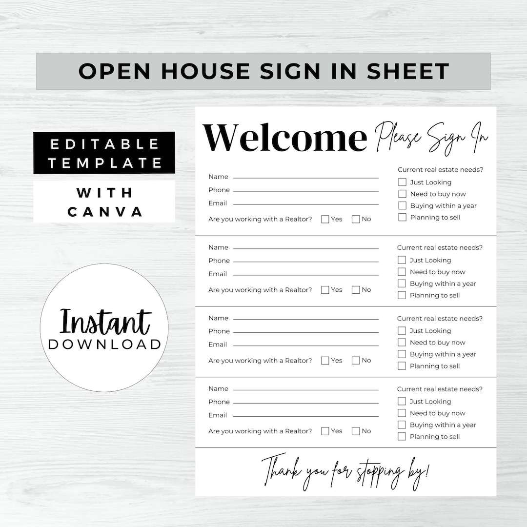 Open House Sign in Sheet, INSTANT DOWNLOAD, Editable Canva Template ...