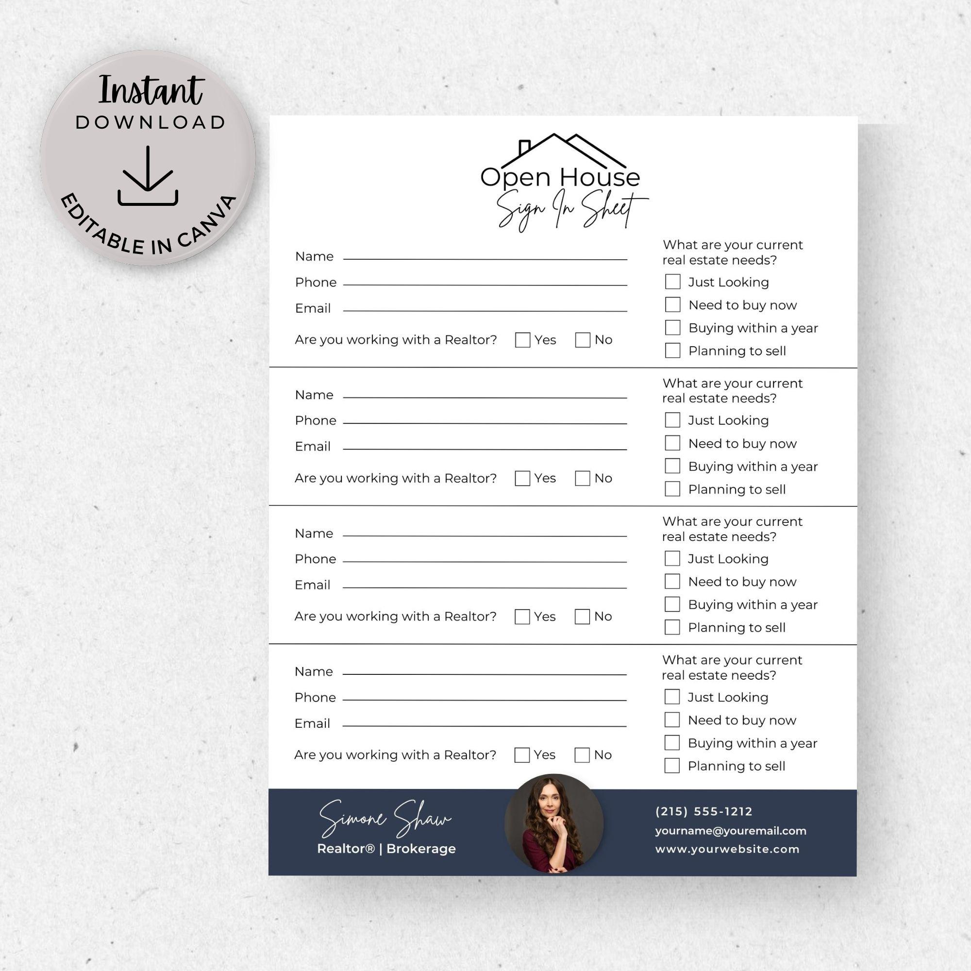 Open House Sign in Sheet, INSTANT DOWNLOAD, Editable Canva Template ...