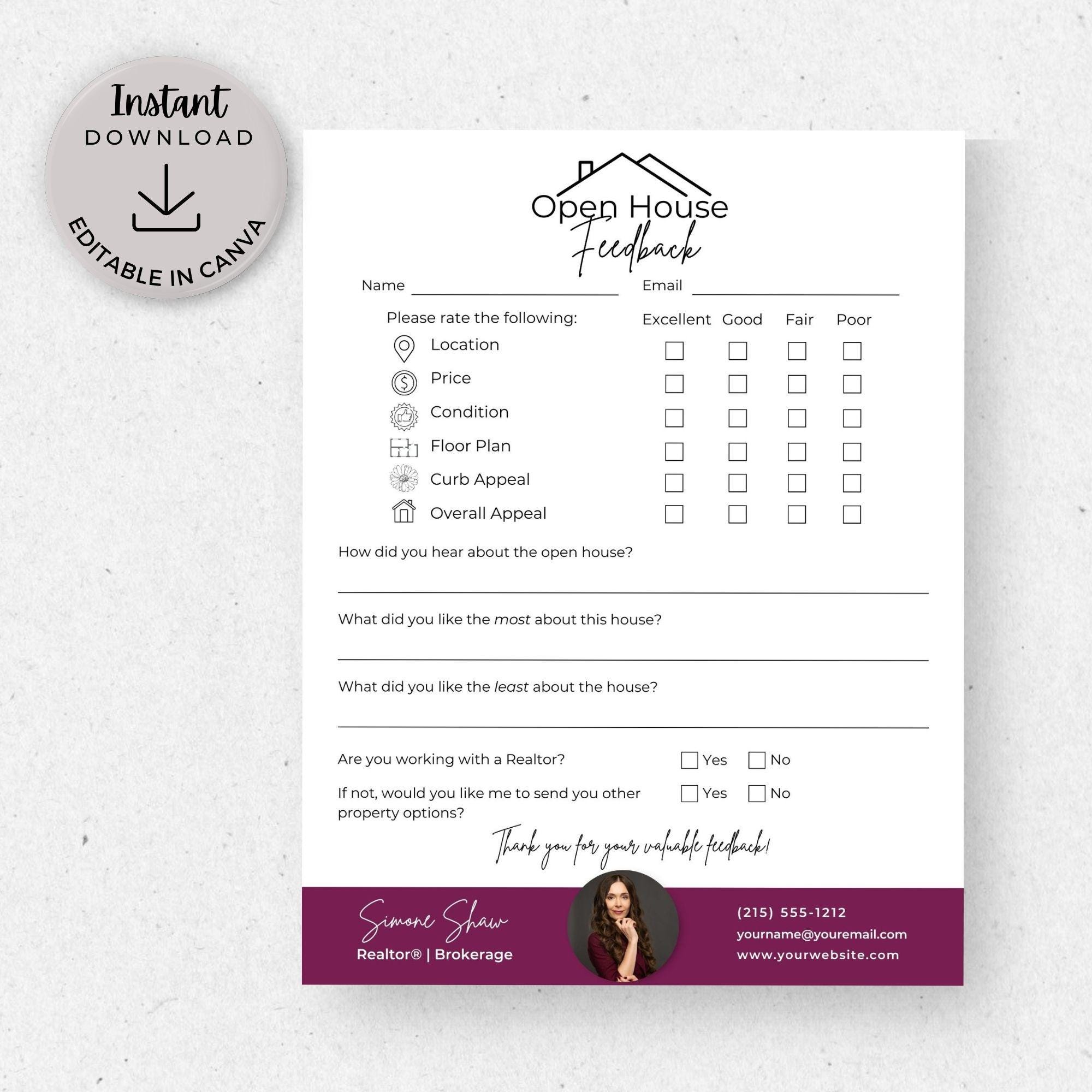 Open House Feedback Form, INSTANT DOWNLOAD, Editable Canva Template ...