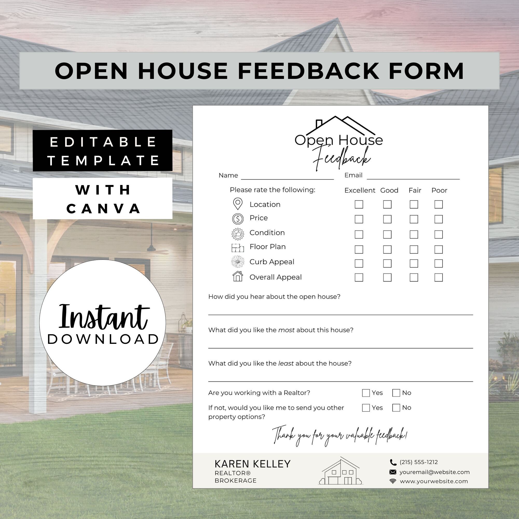 Open House Feedback Form, INSTANT DOWNLOAD, Editable Canva Template ...