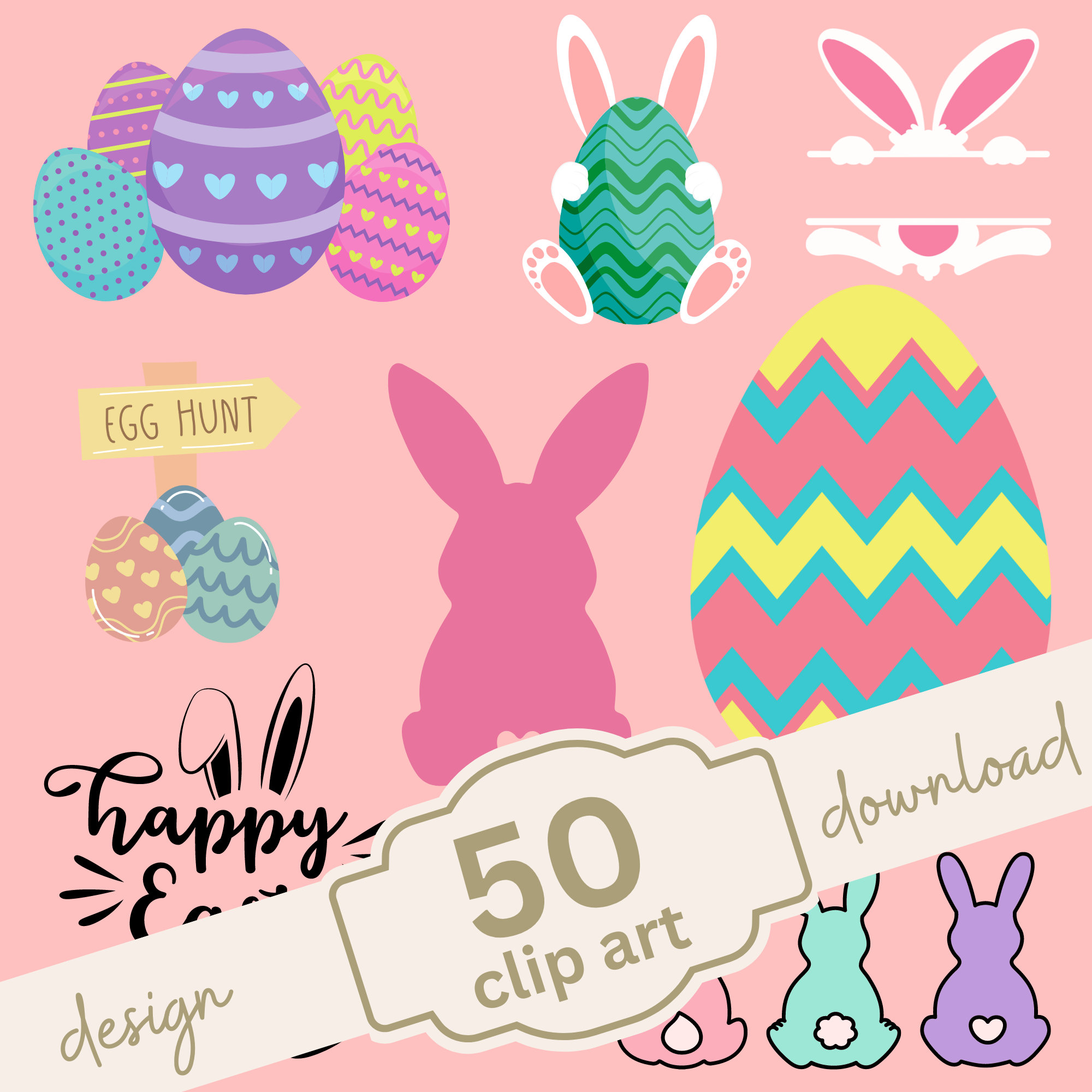 50 Easter Clipart Set, Images Download Box 50 Pc, Easter Rabbits ...