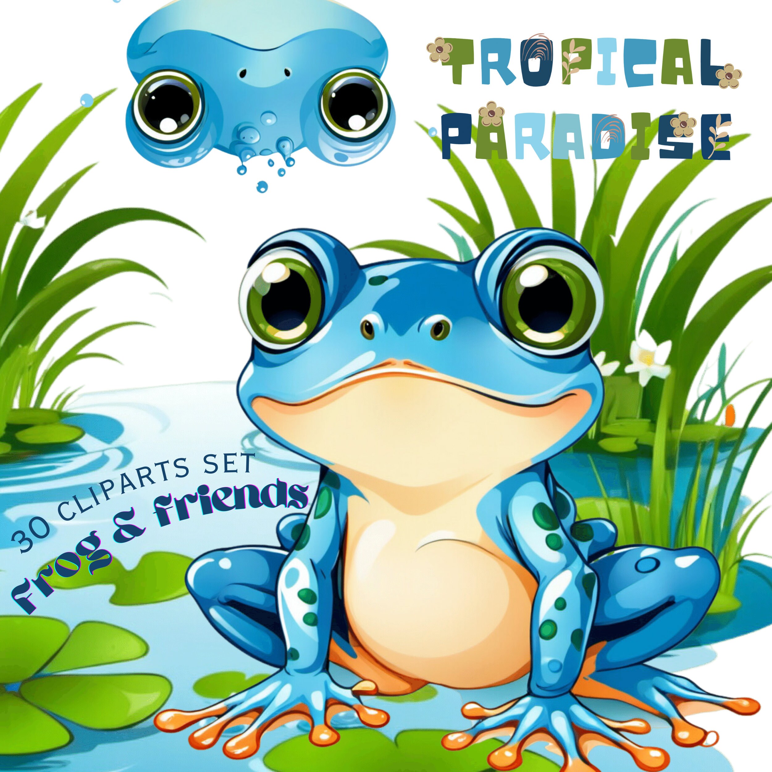 Blue Frog Clipart, Cute Frog Clipart, Kawaii Frog 30 Clip Art Bundle ...