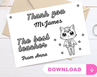 Teacher Thank You Card - Coloring Cat Card - Custom Name - Printable ...
