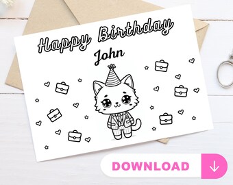 Teacher Thank You Card - Coloring Cat Card - Custom Name - Printable ...